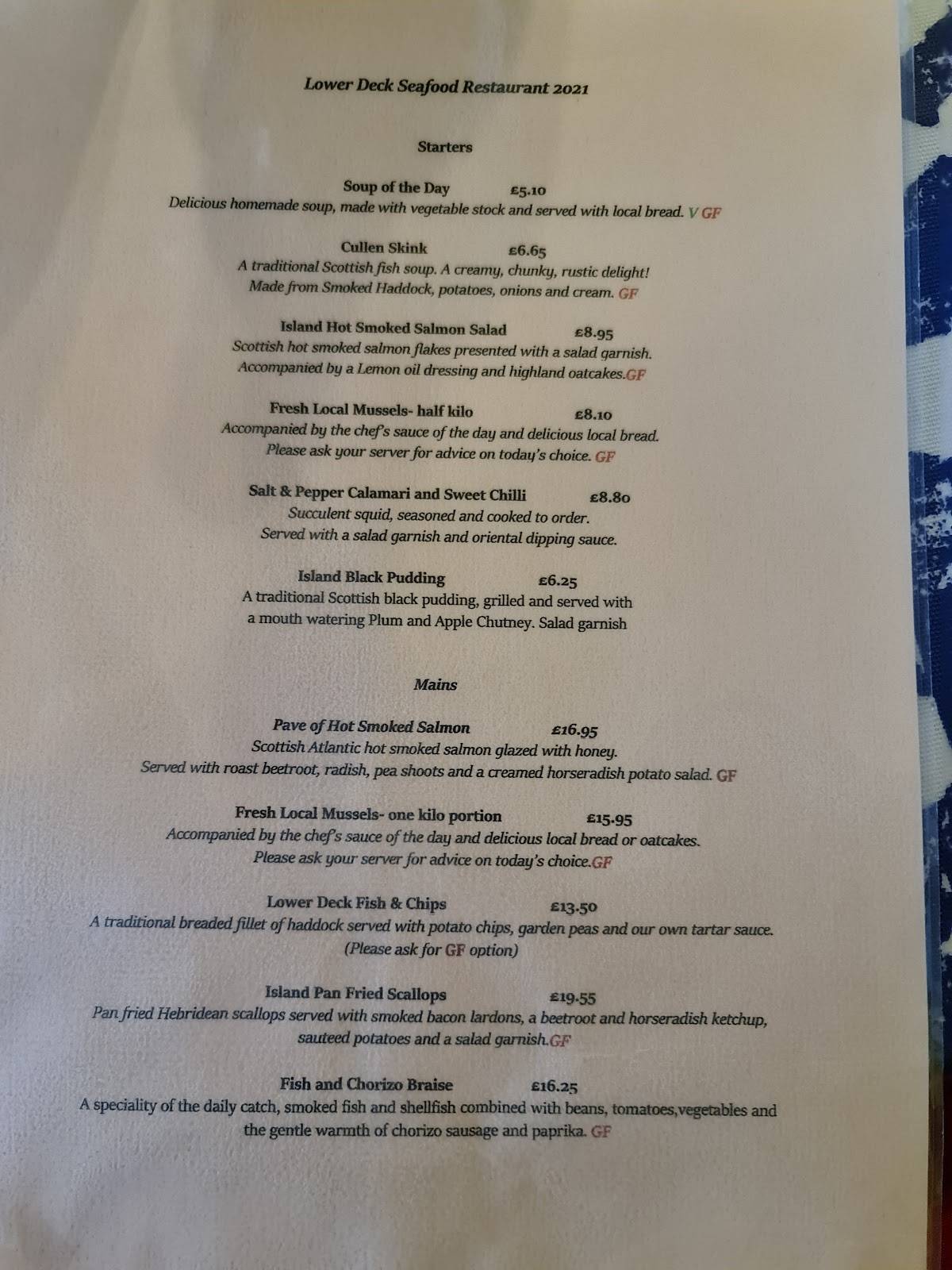 Menu at The Lower Deck Seafood Restaurant, Portree