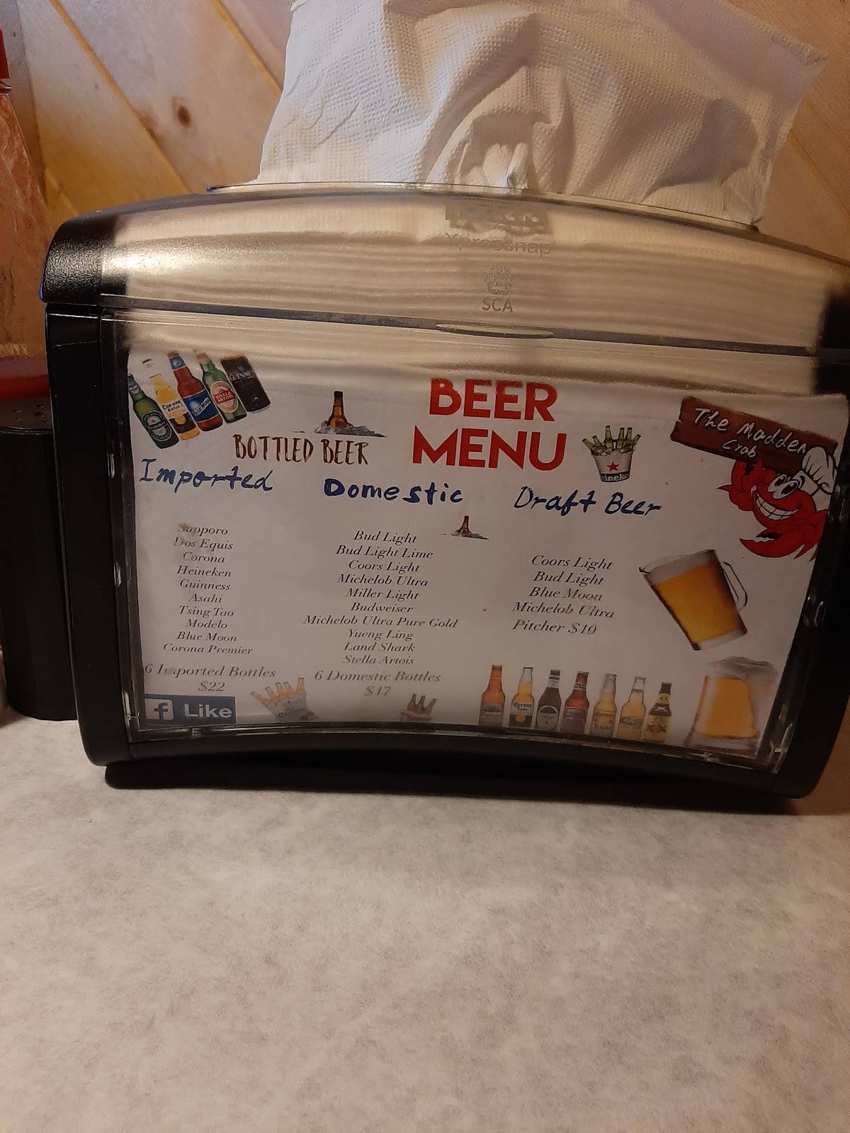 Menu at The Madden Crab restaurant, Tupelo