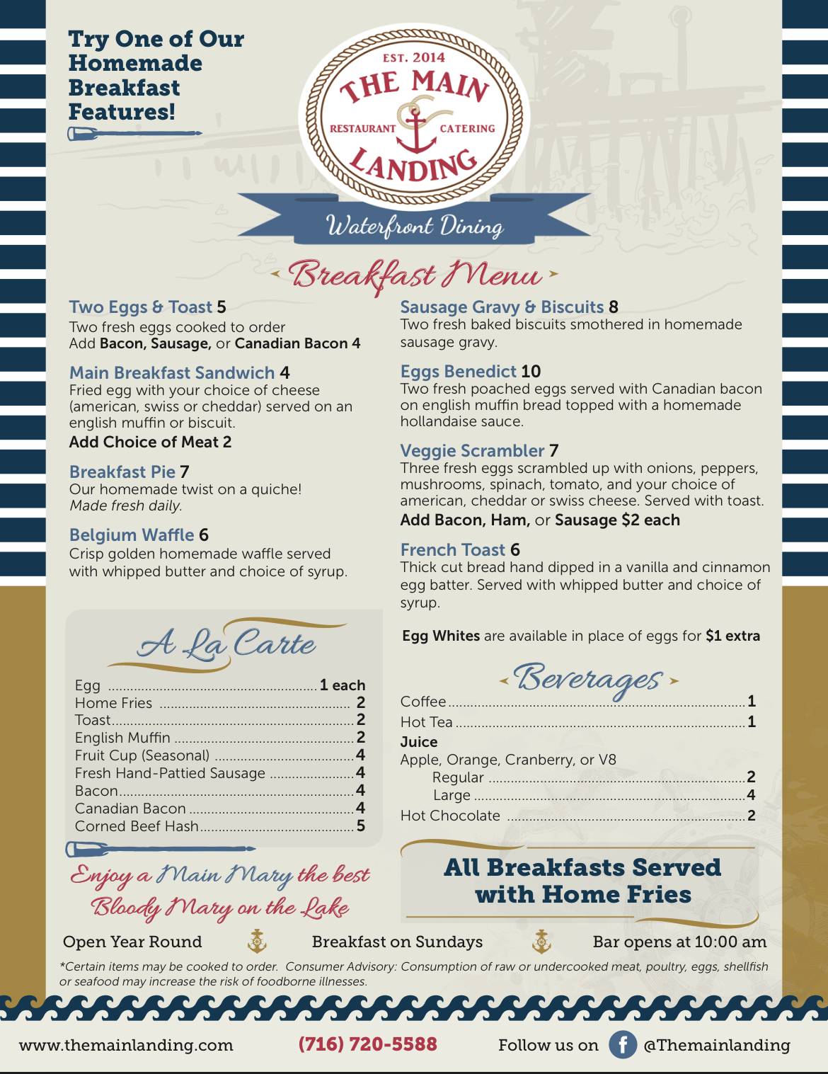 Menu at The Main Landing restaurant, Celoron