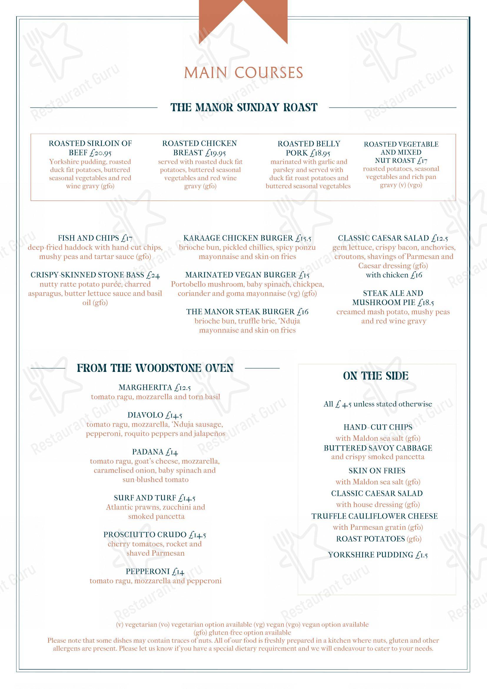 Menu at The Manor restaurant, Greasby