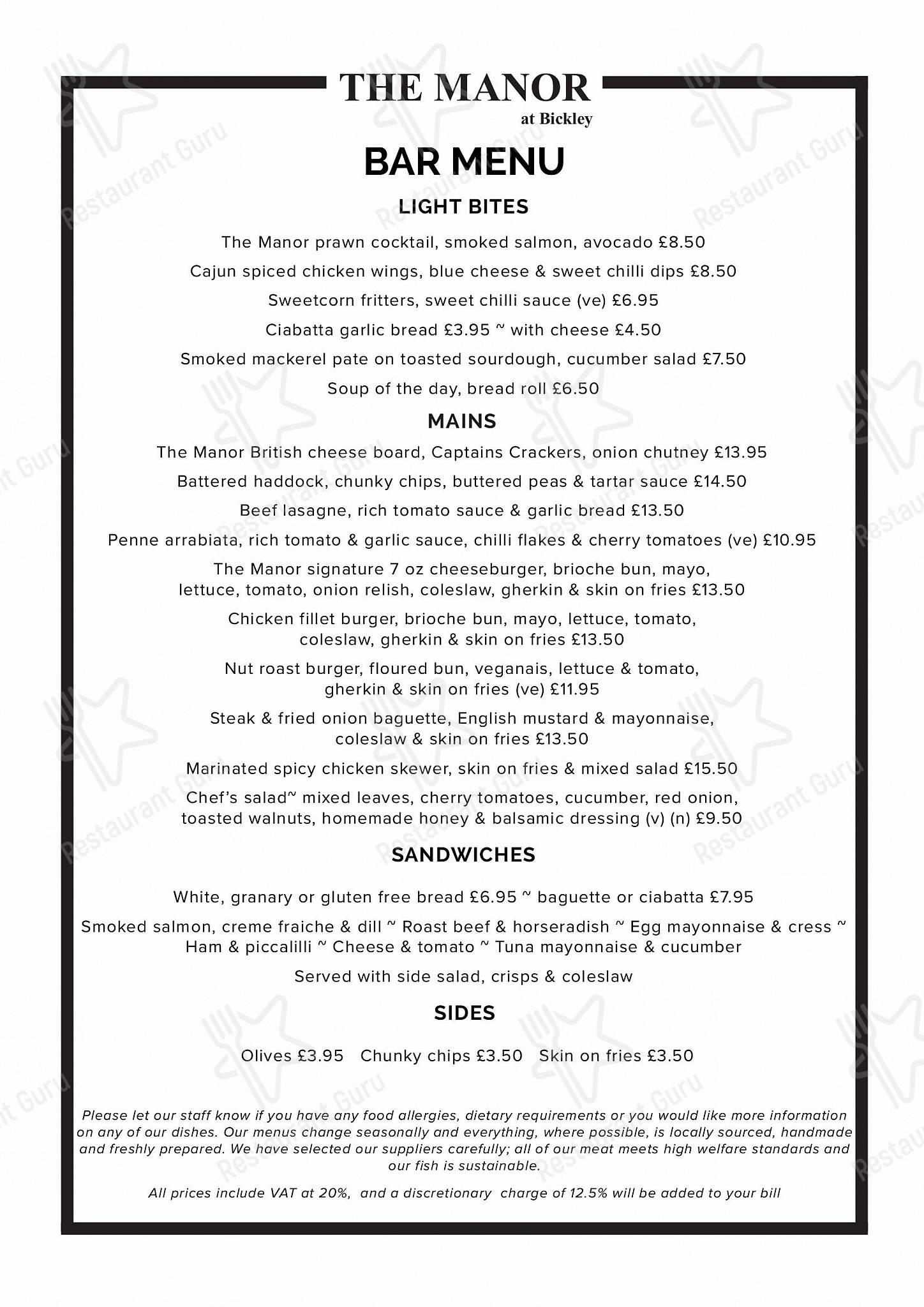 Menu at The Manor at Bickley restaurant, Bromley
