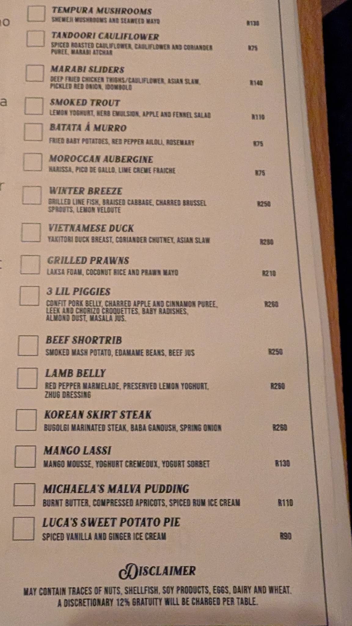 Menu at The Marabi Club, Johannesburg