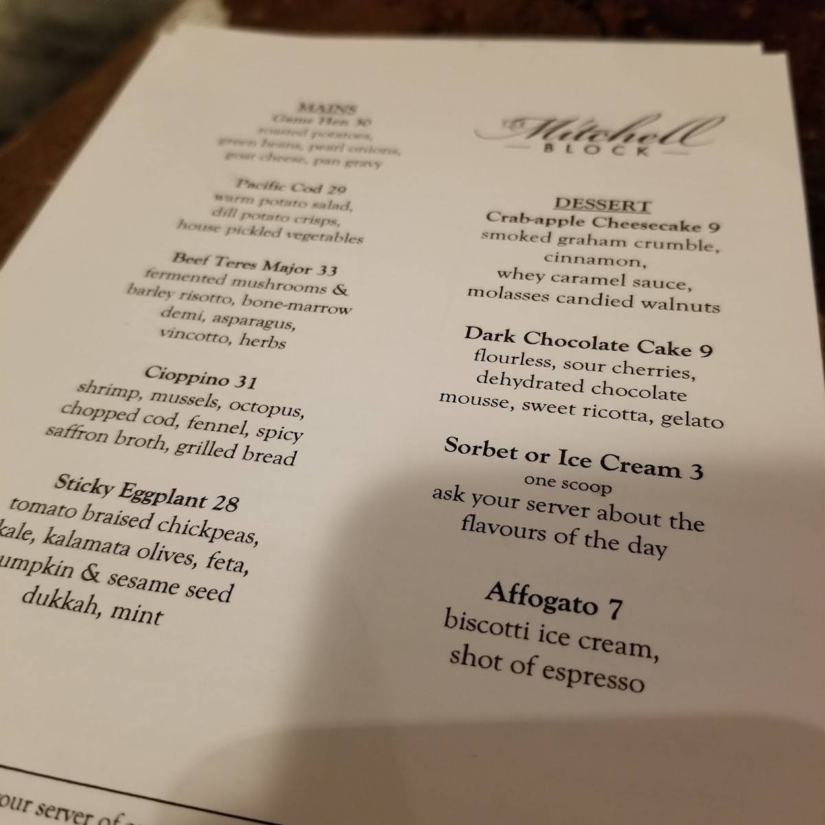 Menu at The Mitchell Block restaurant, Winnipeg