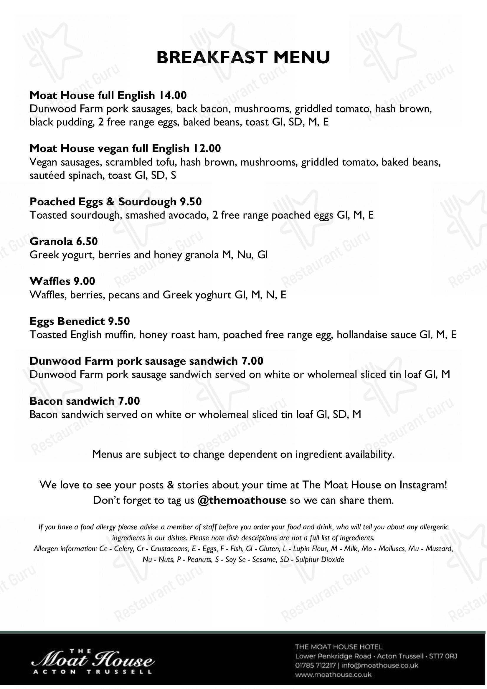 Menu at The Moat House Hotel, Weddings & Conferences restaurant, Stafford