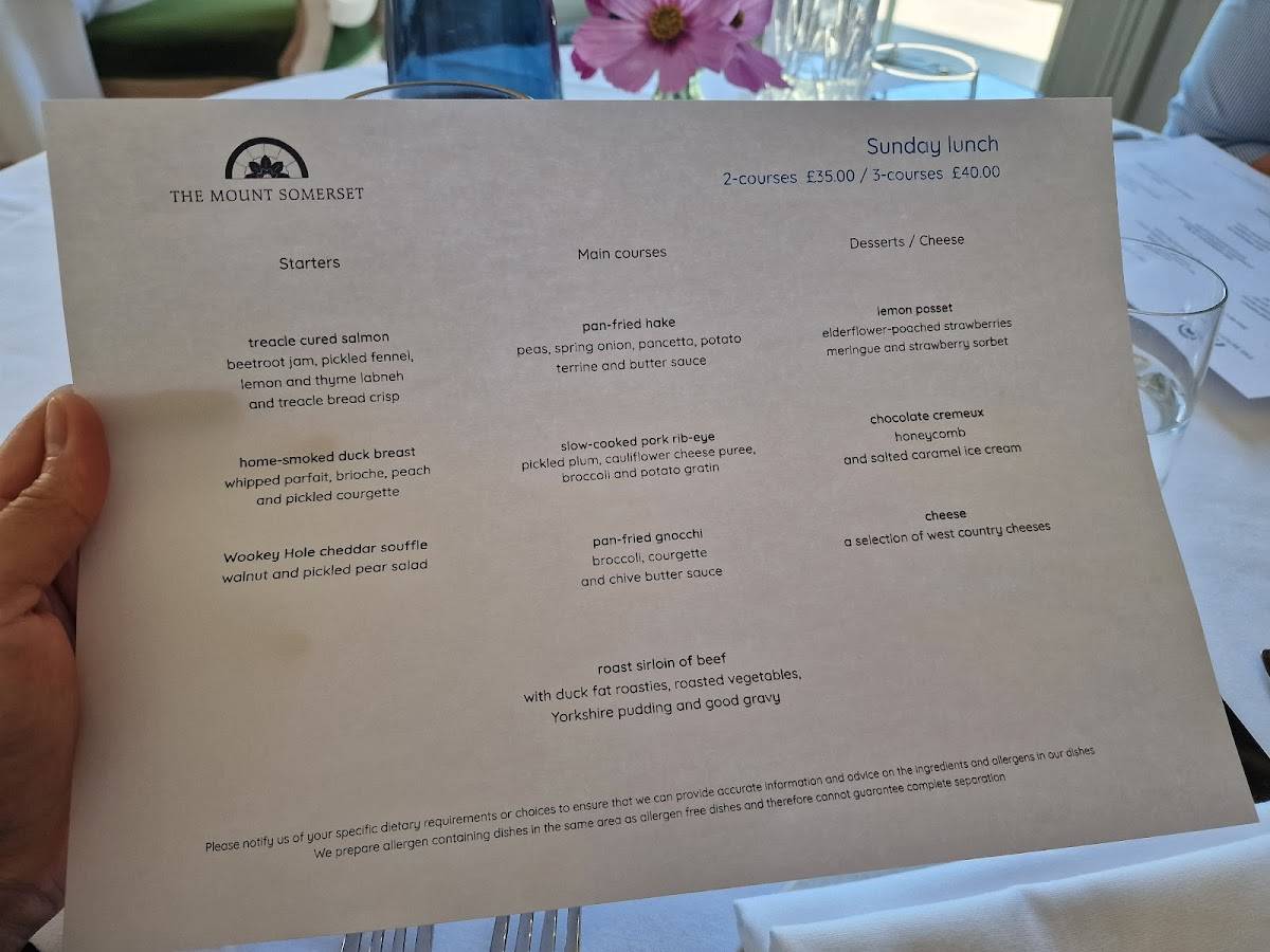 Menu at The Mount Somerset restaurant, Taunton