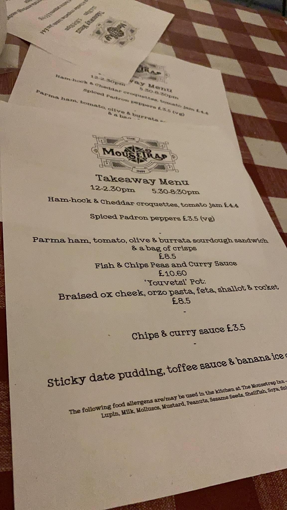 Menu at The Mousetrap Inn pub & bar, Bourton-on-the-Water