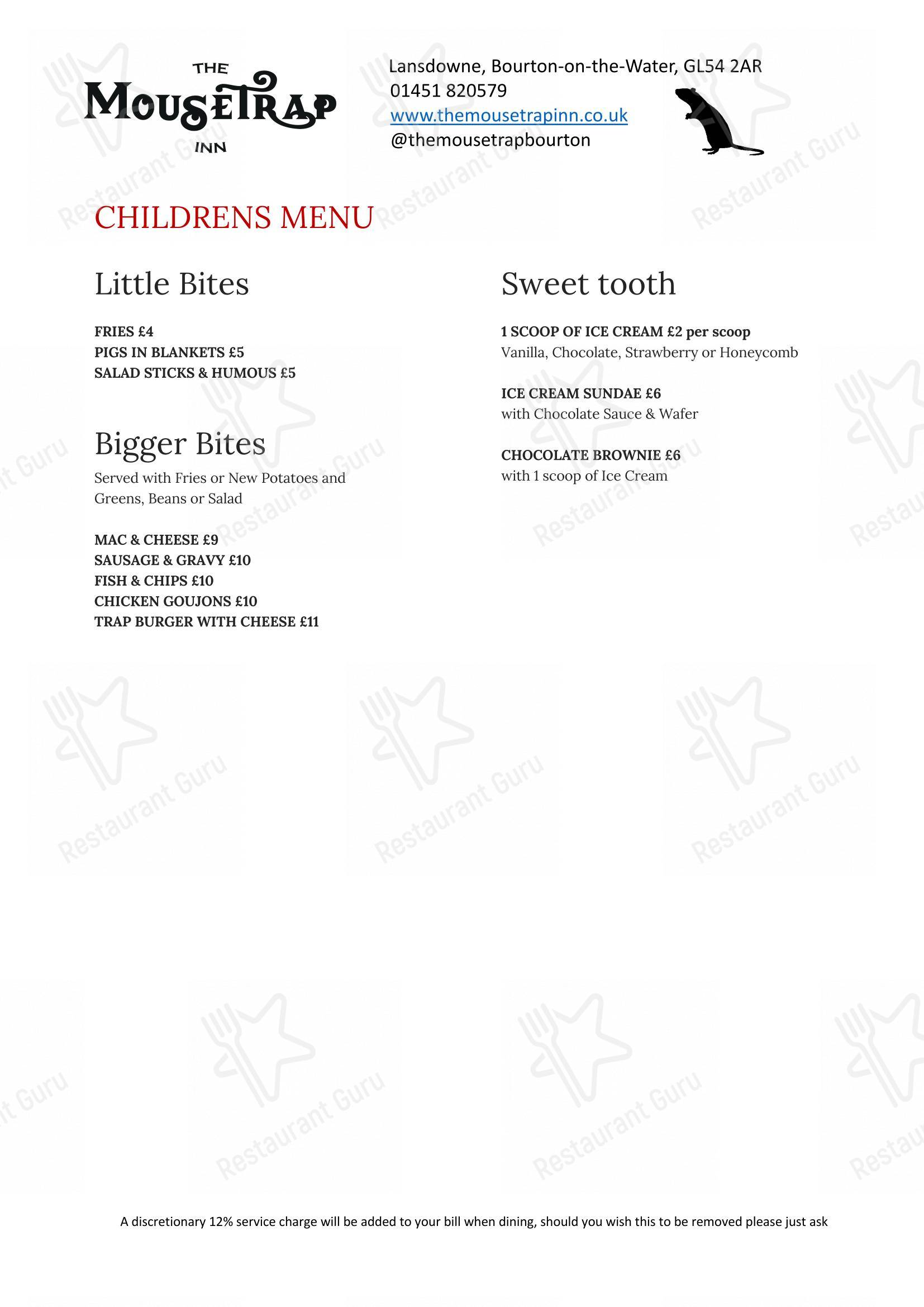 Menu at The Mousetrap Inn pub & bar, Bourton-on-the-Water
