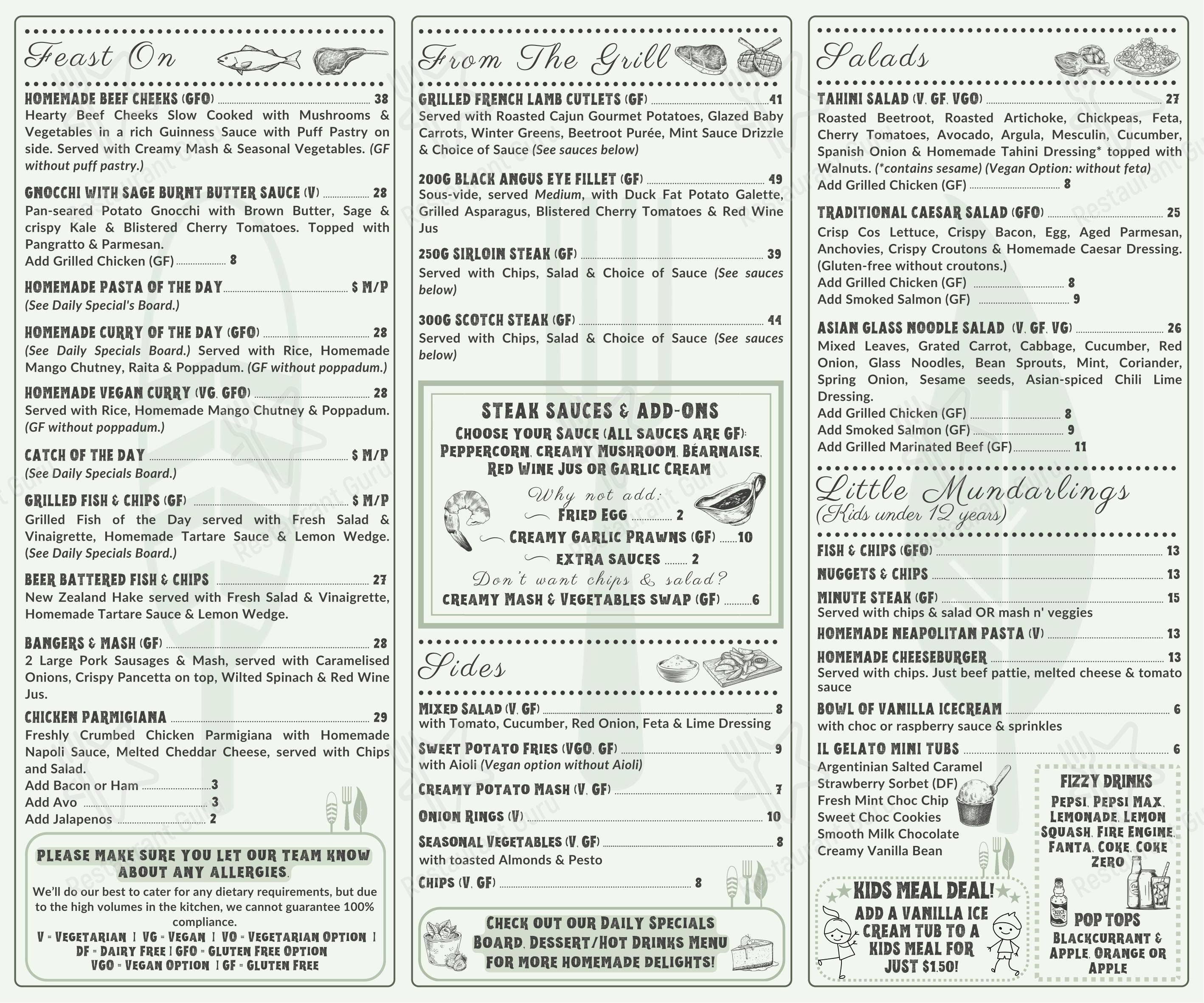 Menu at The Mundaring Hotel pub & bar, Mundaring, Jacoby St
