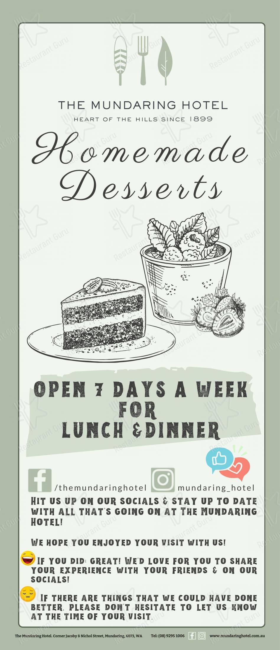 Menu at The Mundaring Hotel pub & bar, Mundaring, Jacoby St