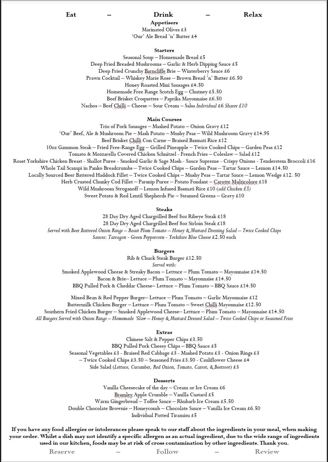 Menu at The Nancy Inn pub & bar, Burton Pidsea