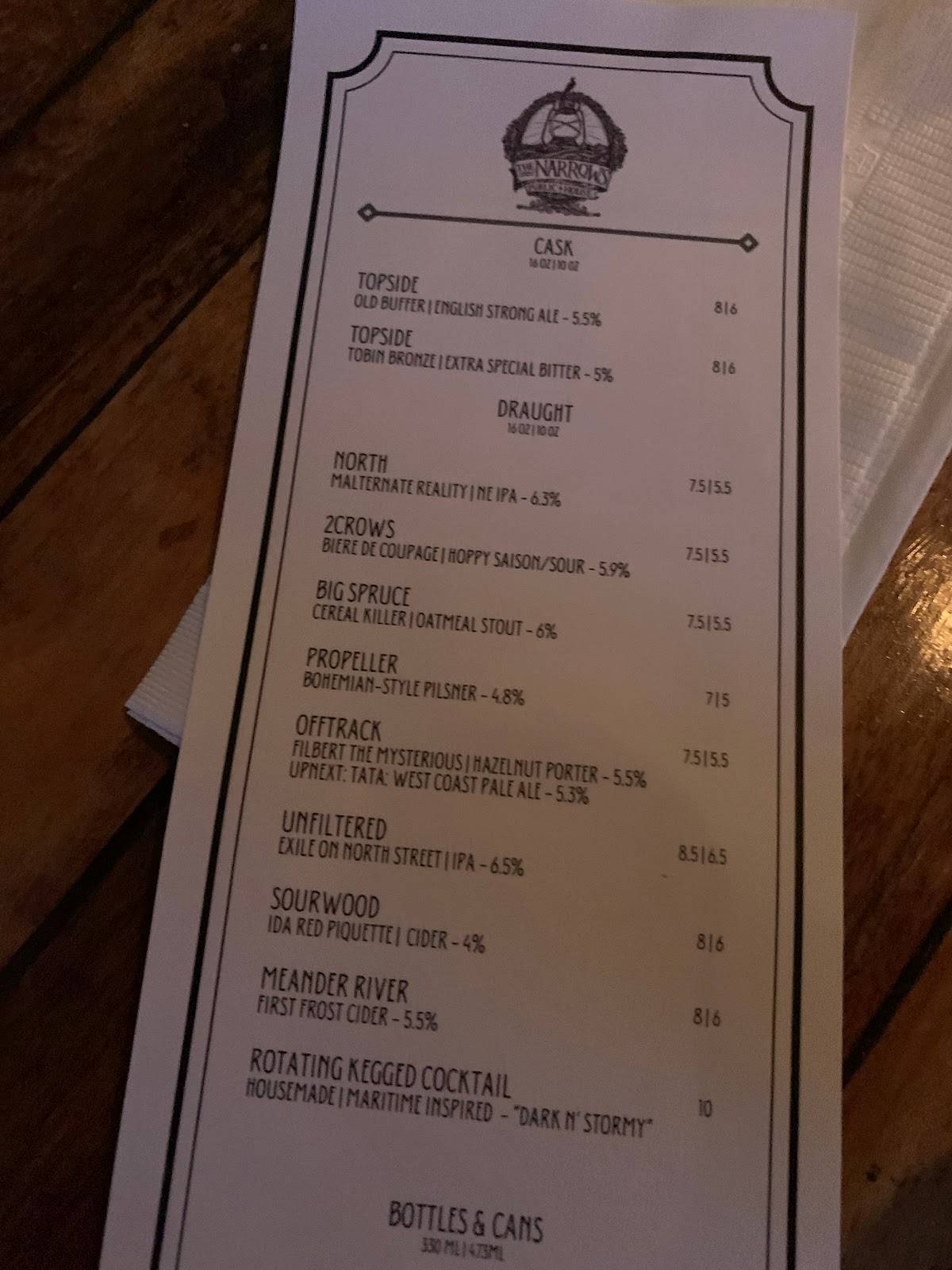 Menu at The Narrows Public House, Halifax