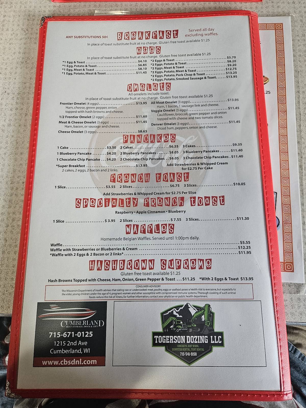 Menu at The New Frontier restaurant, Turtle Lake