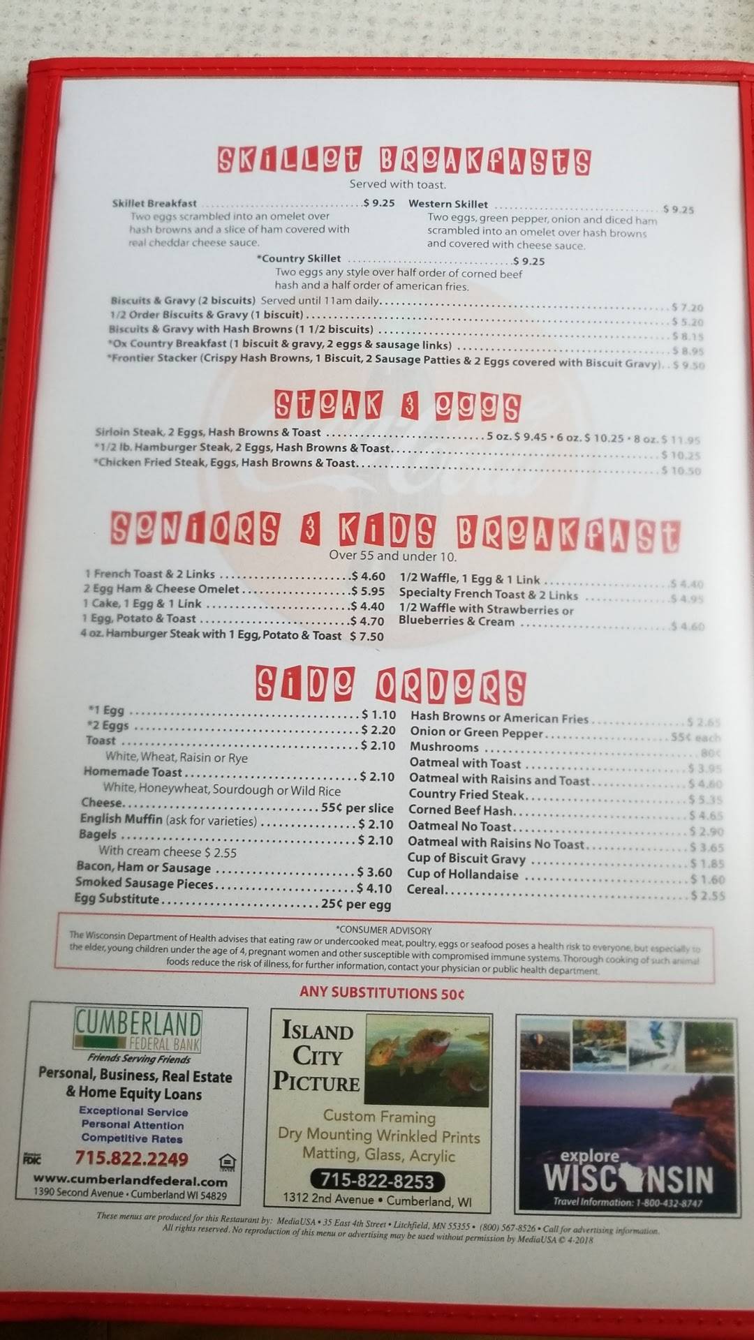 Menu at The New Frontier restaurant, Turtle Lake