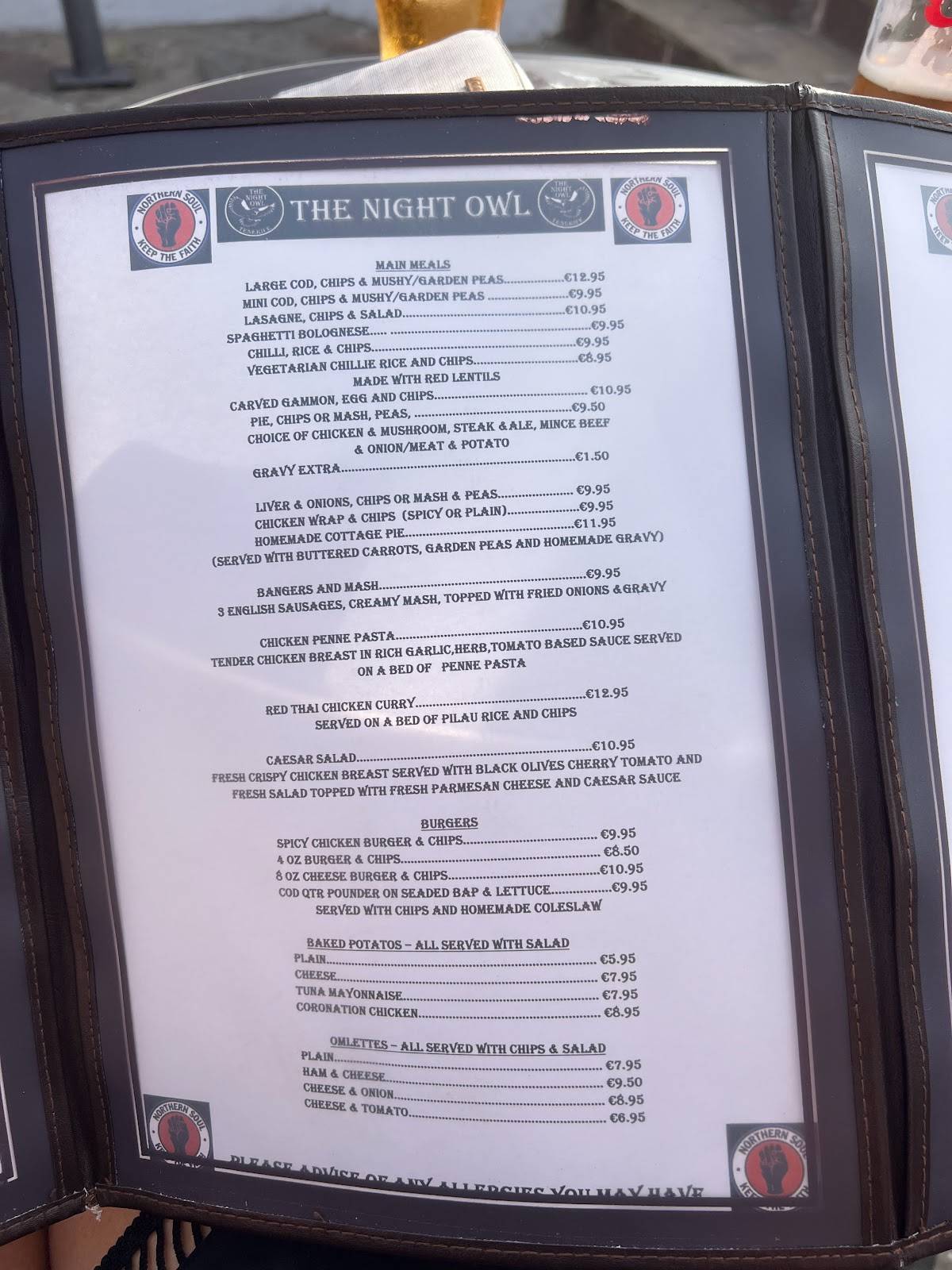 Menu at The Night Owl Tenerife restaurant, Playa de las Américas, Palm ...