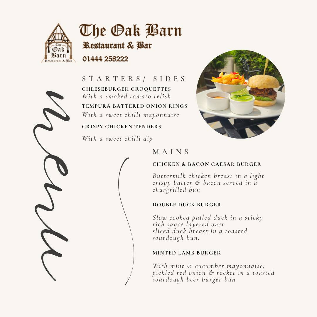 Menu at The Oak Barn Bar & Restaurant, Burgess Hill