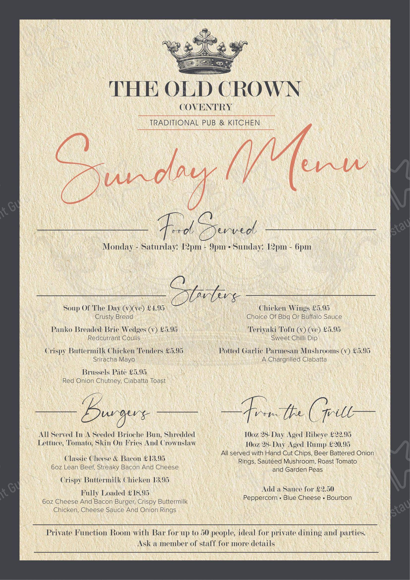 Menu at The Old Crown pub & bar, Coventry, 466 Aldermans Green Rd