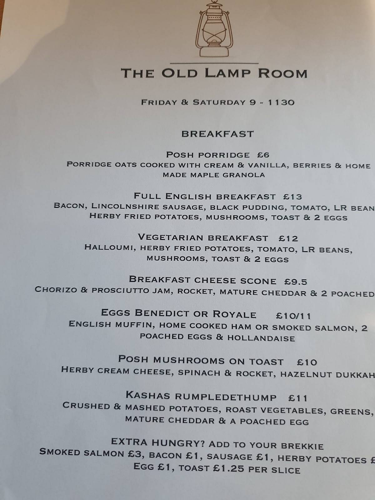 Menu at The Old Lamp Room cafe, Cottingham
