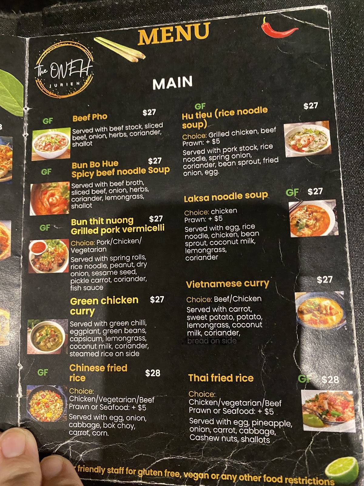 Menu at The Oneh Jurien restaurant, Jurien Bay