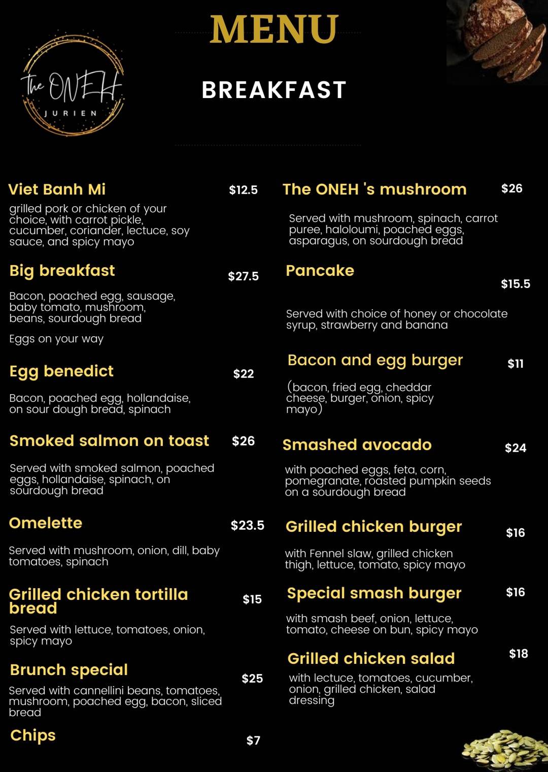 Menu at The Oneh Jurien restaurant, Jurien Bay