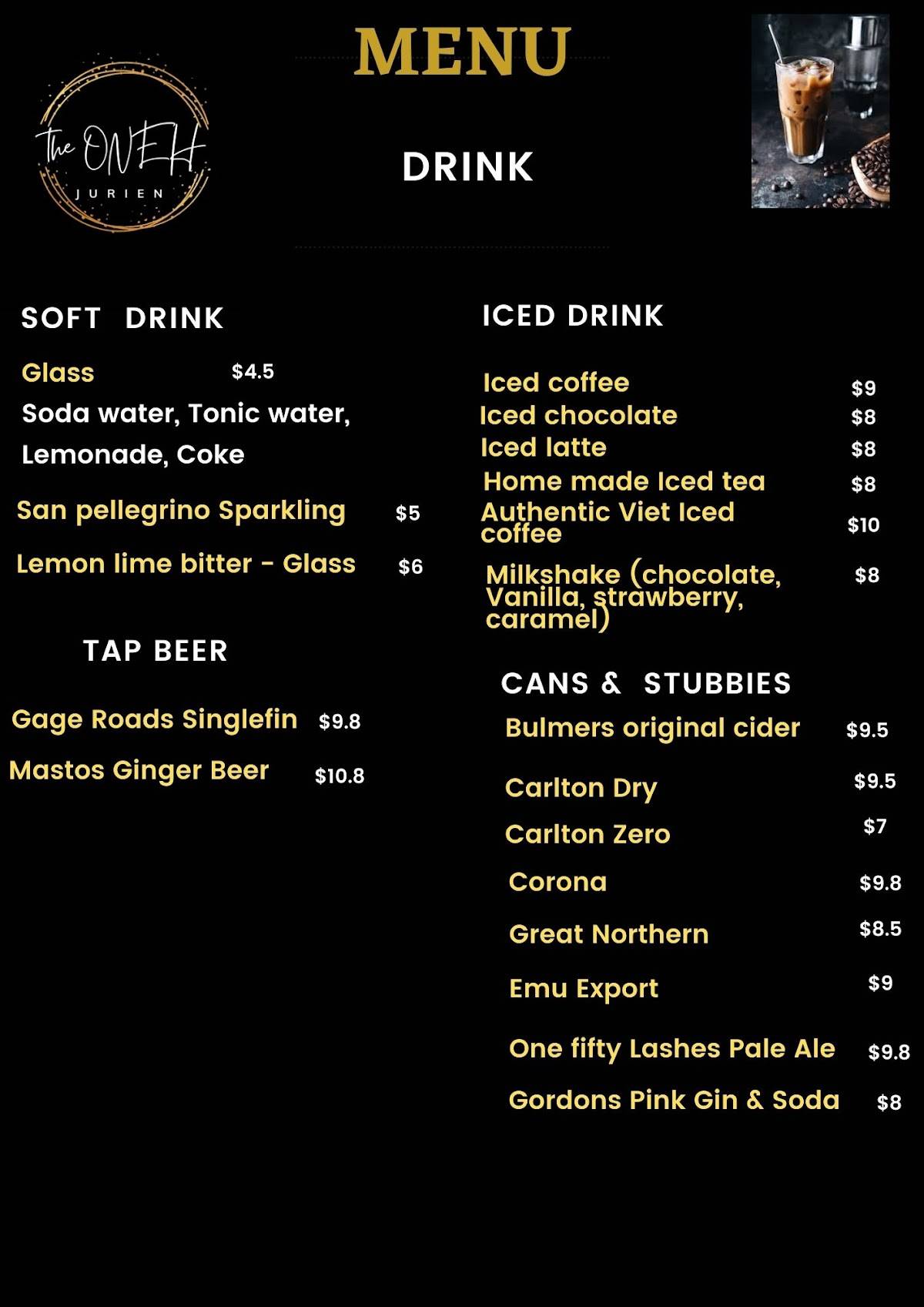 Menu at The Oneh Jurien restaurant, Jurien Bay