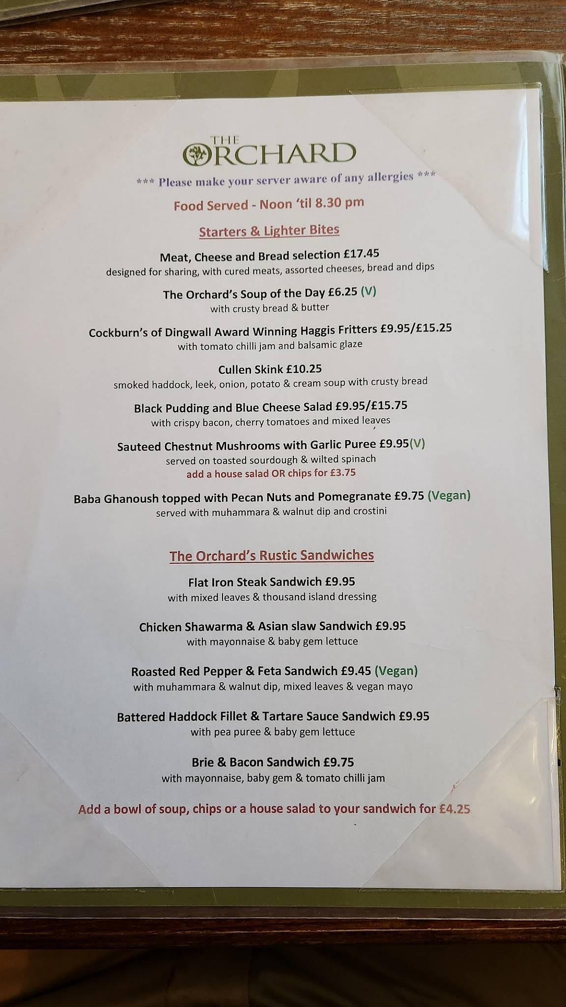 Menu at The Orchard Bar & Restaurant, Edinburgh