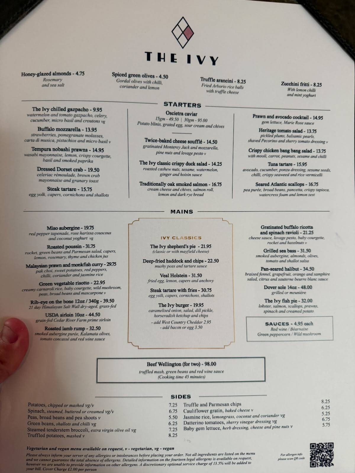 Menu at The Original Ivy, West End restaurant, London, 1-5 West St
