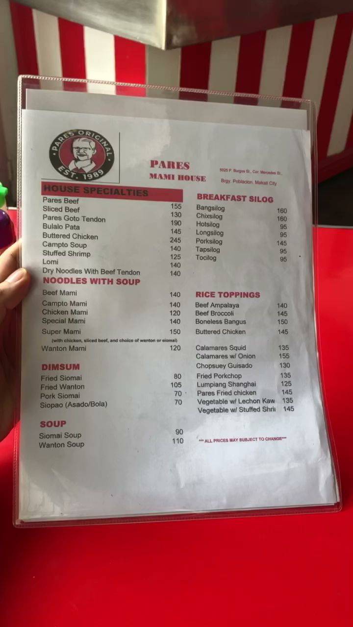 Menu at The Original Pares Mami House Retiro (now in Poblacion Makati ...