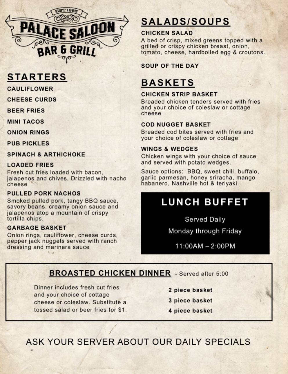 Menu at The Palace Saloon Bar & Grill, Dyersville