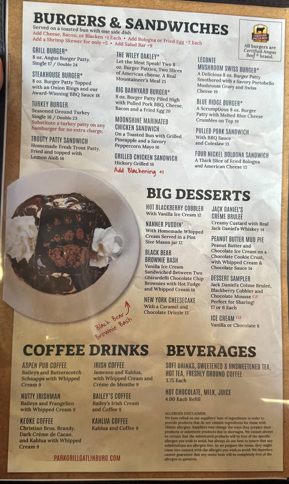 Menu at The Park Grill steakhouse, Gatlinburg, Parkway