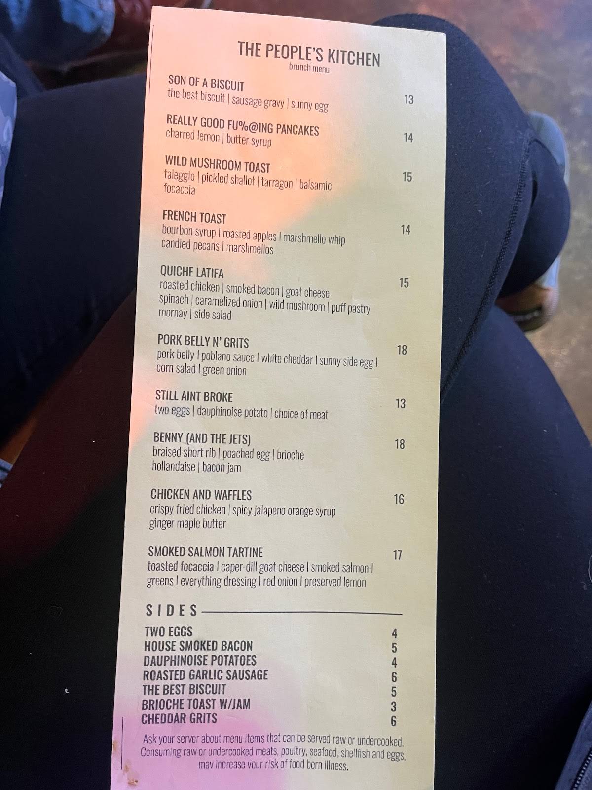 Menu at The People's Kitchen restaurant, Lansing