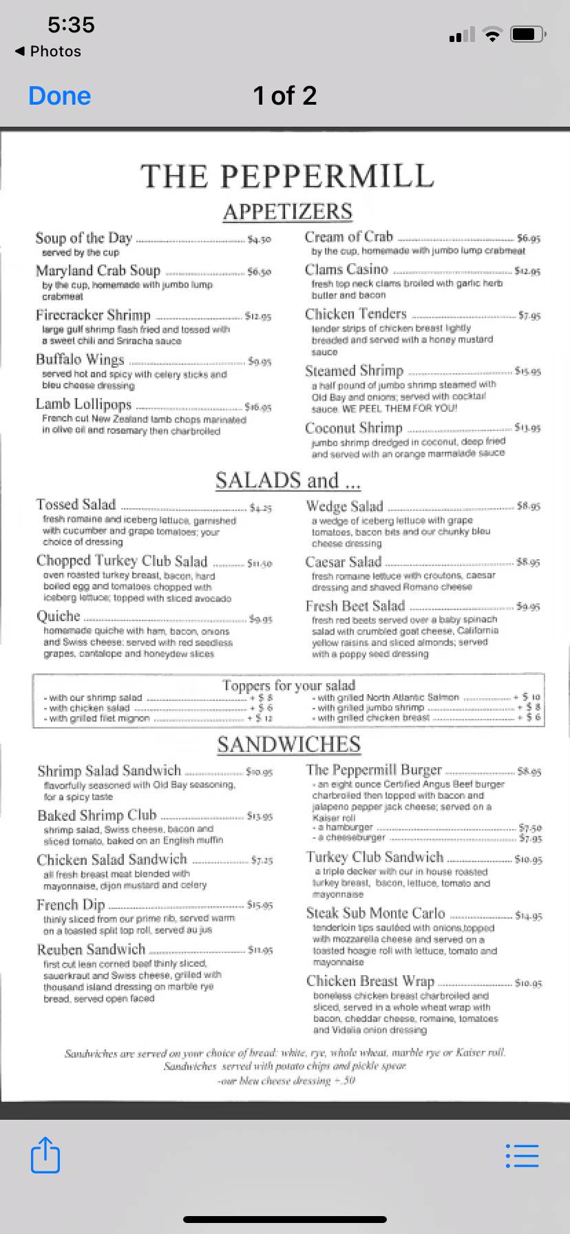 Menu at The Peppermill pub & bar, Lutherville-Timonium
