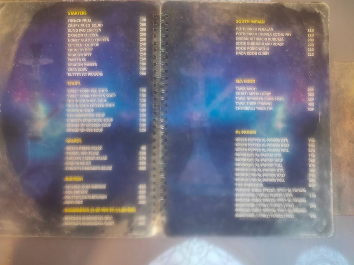 Menu at The Persian Table, Vadayampady