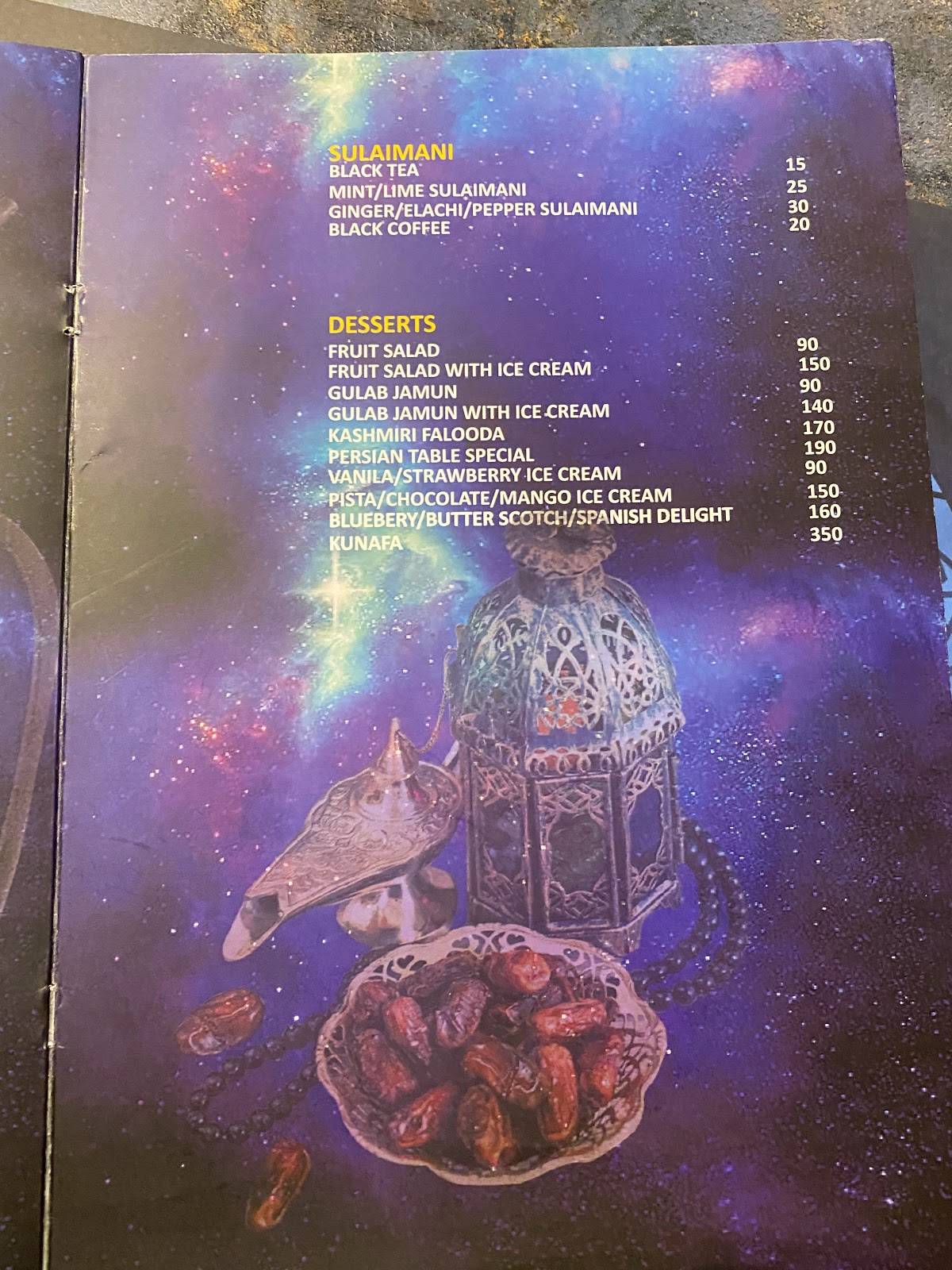 Menu at The Persian Table, Vadayampady