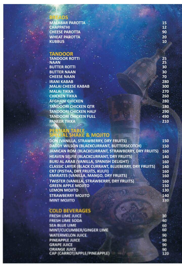 Menu at The Persian Table, Vadayampady