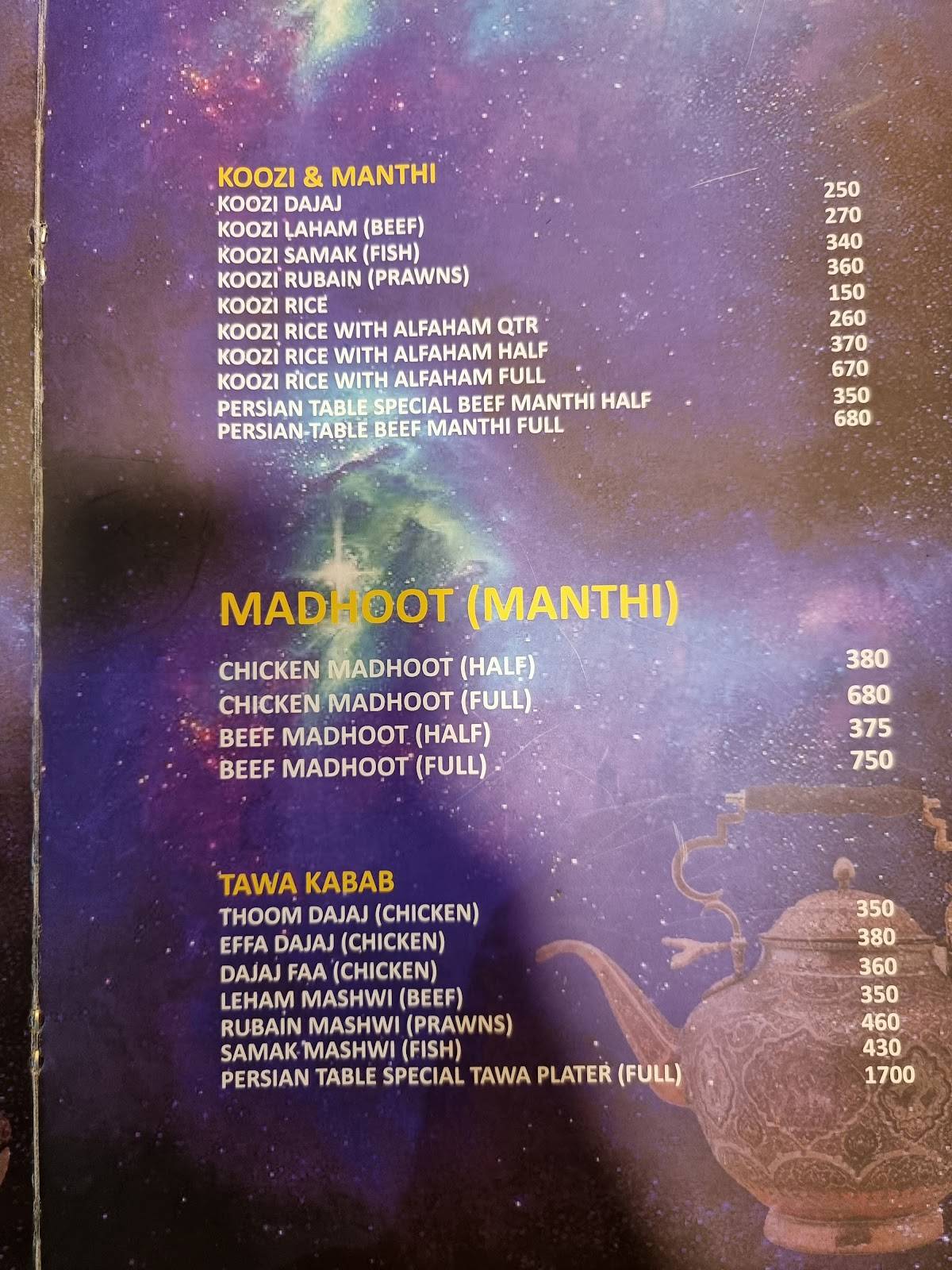 Menu at The Persian Table, Vadayampady