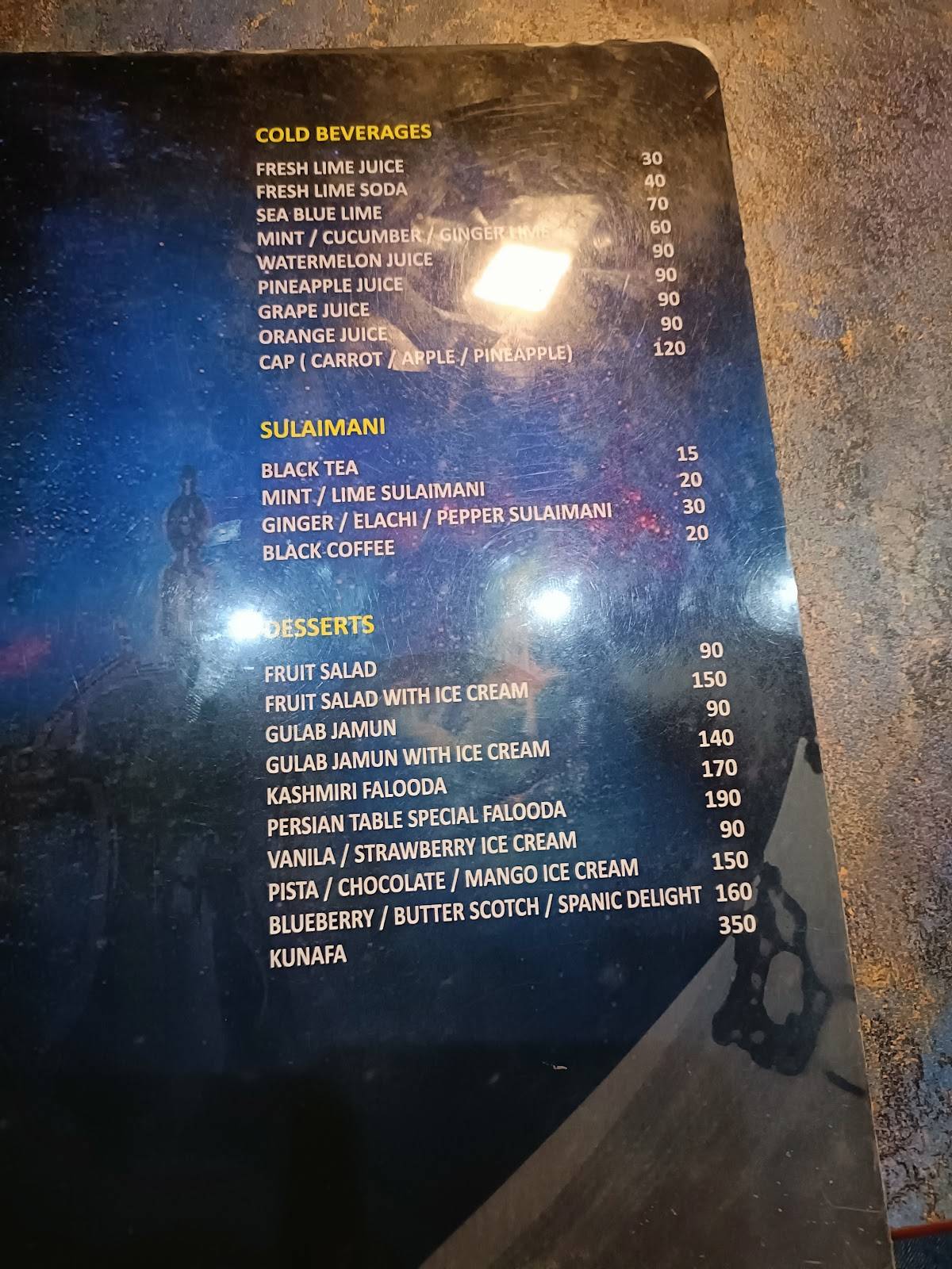 Menu at The Persian Table, Vadayampady