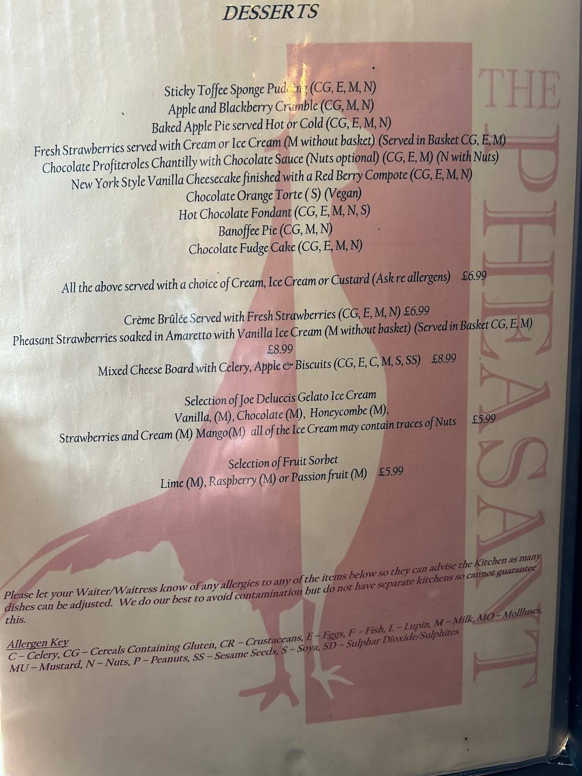 Menu at The Pheasant Inn & Restaurant Heathrow (over 18s only), Hayes ...