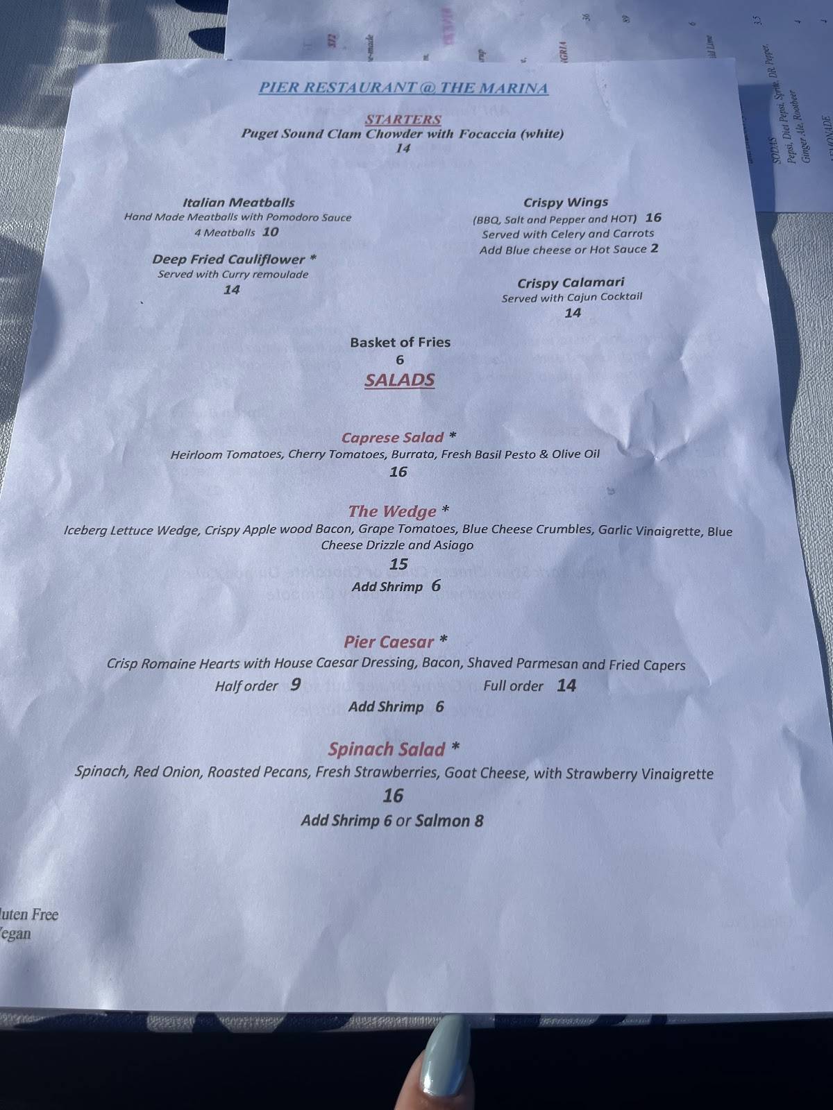 Menu at The Pier restaurant, Point Roberts
