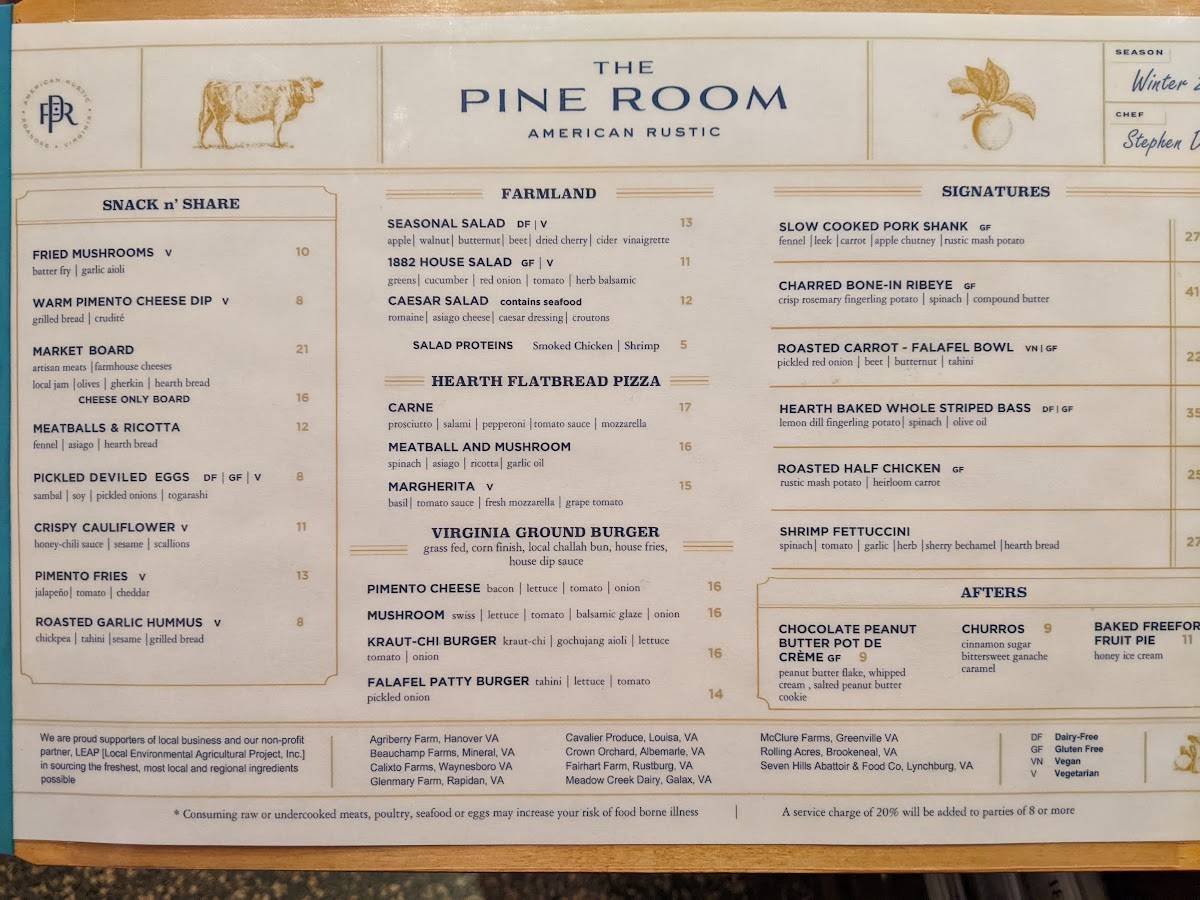 Menu at The Pine Room at Hotel Roanoke pub & bar, Roanoke