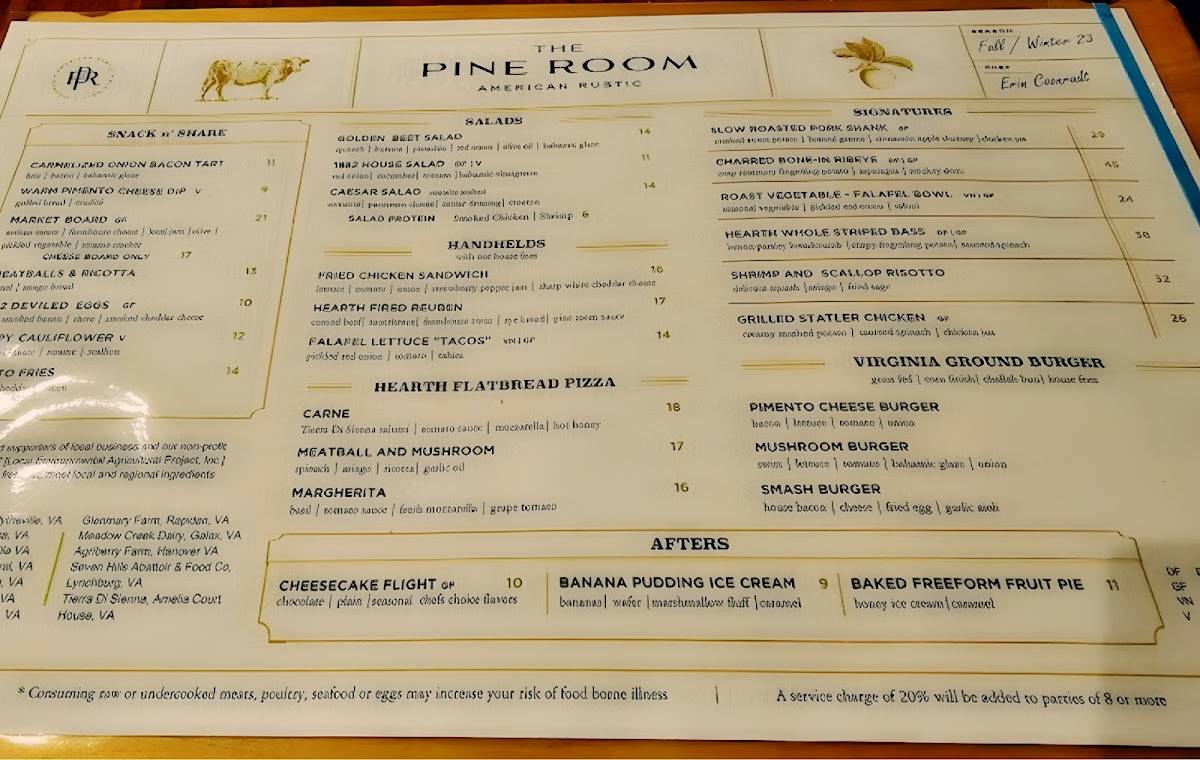 Menu at The Pine Room at Hotel Roanoke pub & bar, Roanoke
