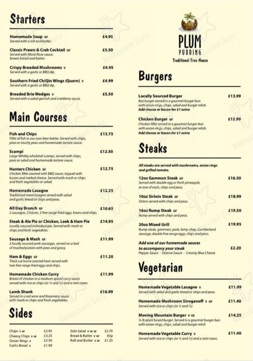 Menu at The Plum Pudding Inn pub & bar, Rugeley