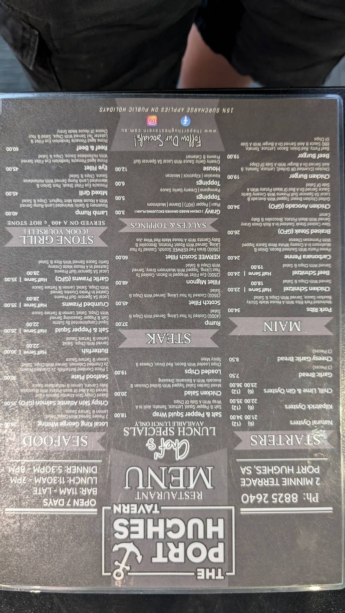 Menu at The Port Hughes Tavern restaurant, Port Hughes