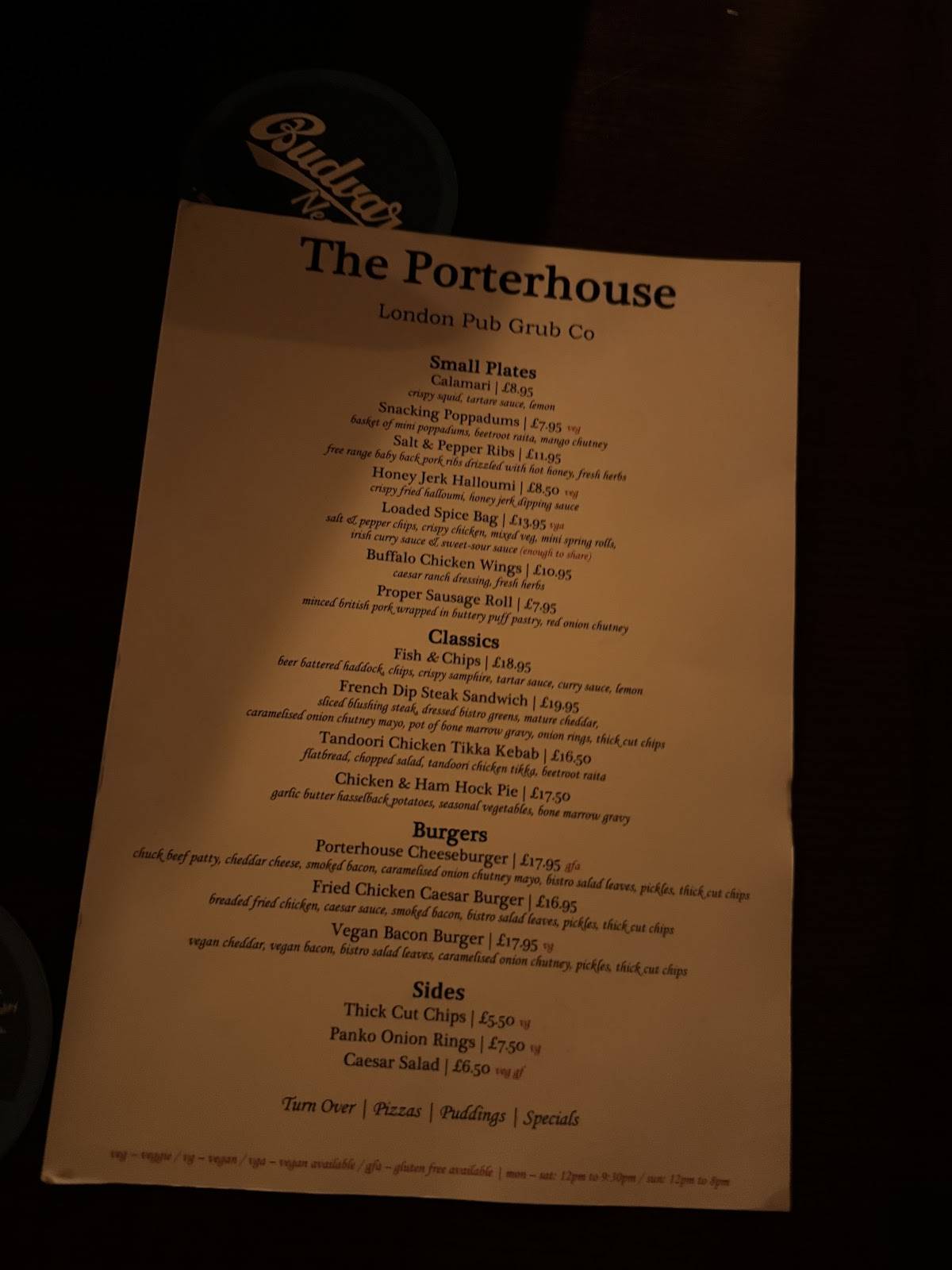 Menu at The Porterhouse pub & bar, London, 21-22 Maiden Ln