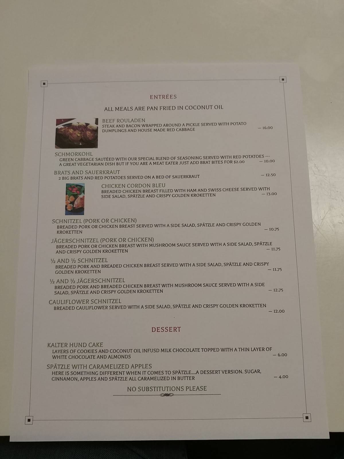 Menu at The Potato House German Restaurant, Colorado Springs