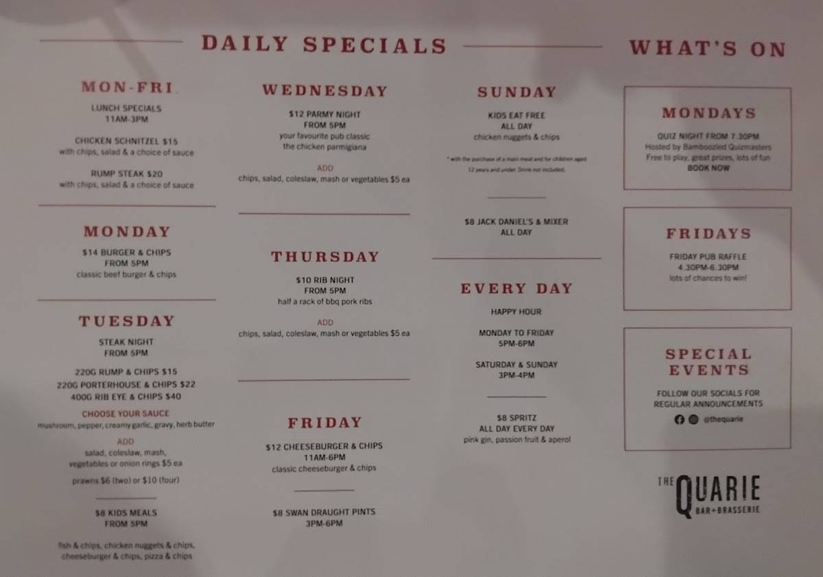 Menu at The Quarie Bar & Brasserie, Hammond Park