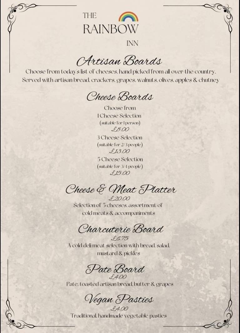 Menu at The Rainbow Inn pub & bar, Coventry