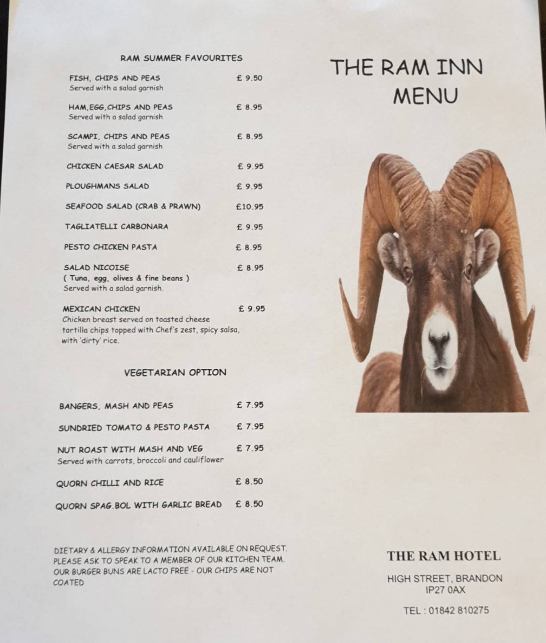 Menu at The Ram pub & bar, Brandon