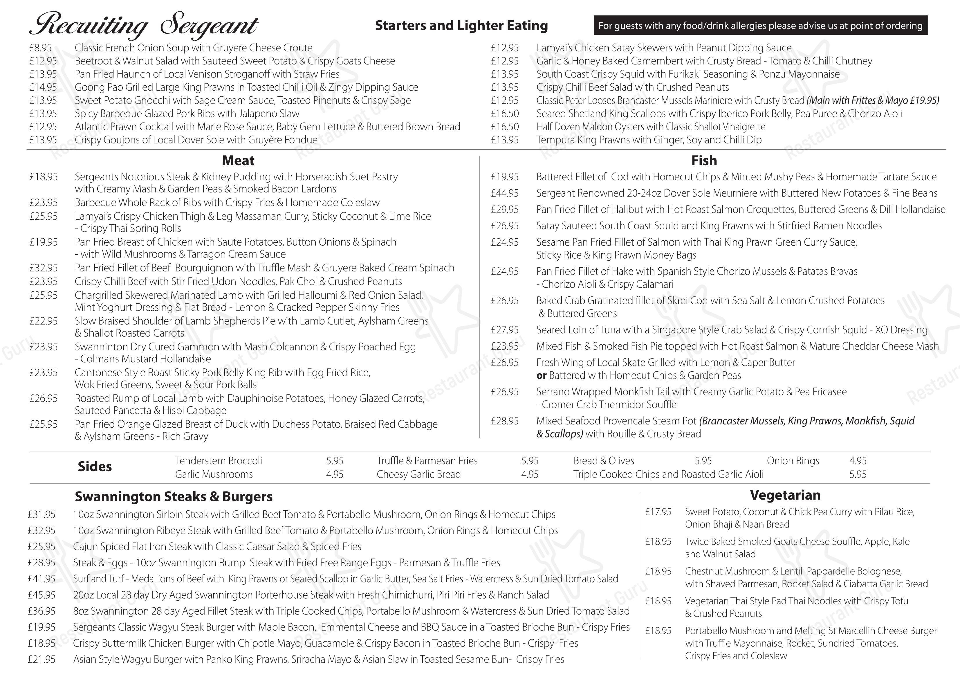 Menu at The Recruiting Sergeant pub & bar, Norwich
