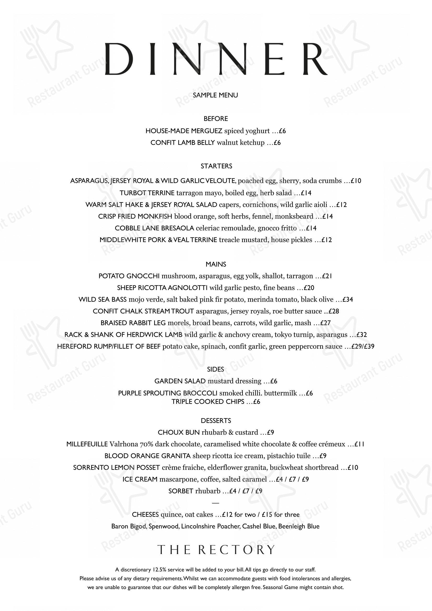 Menu at The Rectory restaurant, Crudwell, Crudwell