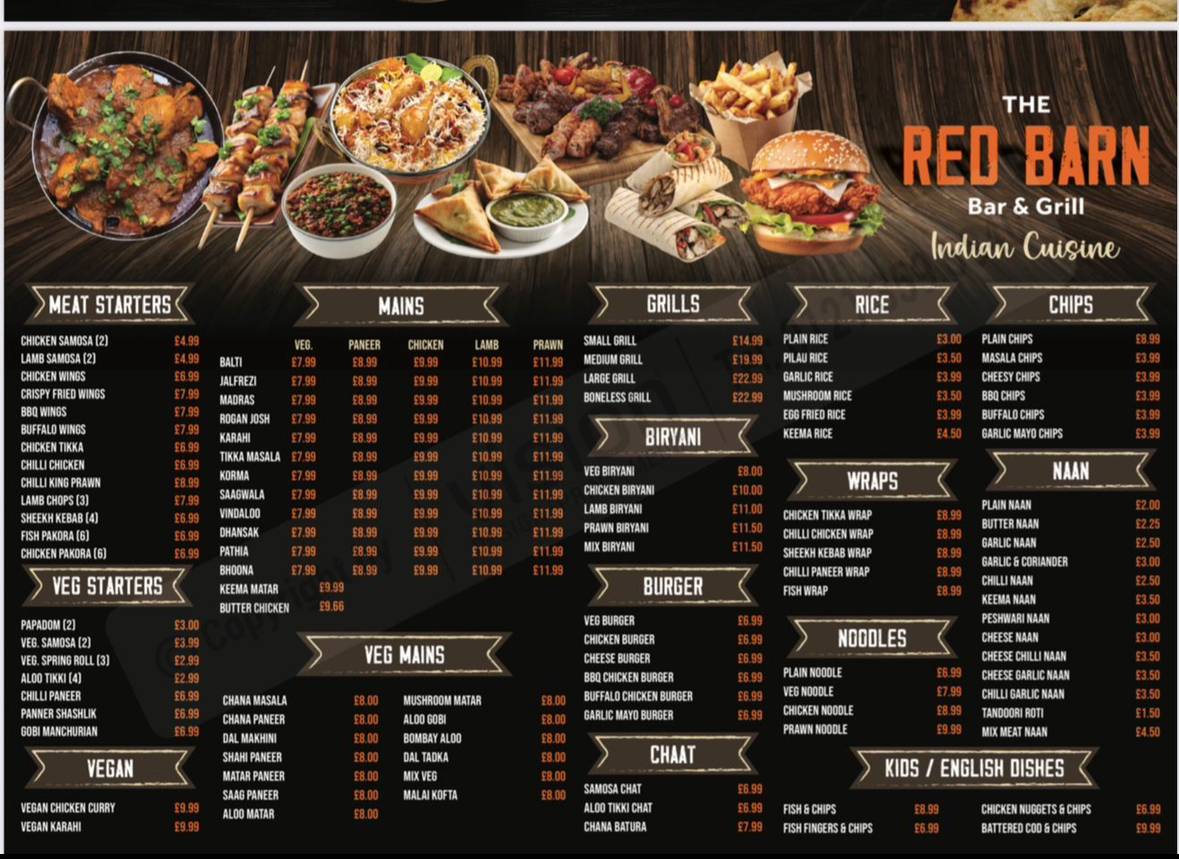 Menu at The Red Barn Bar & Grill, Shrewsbury